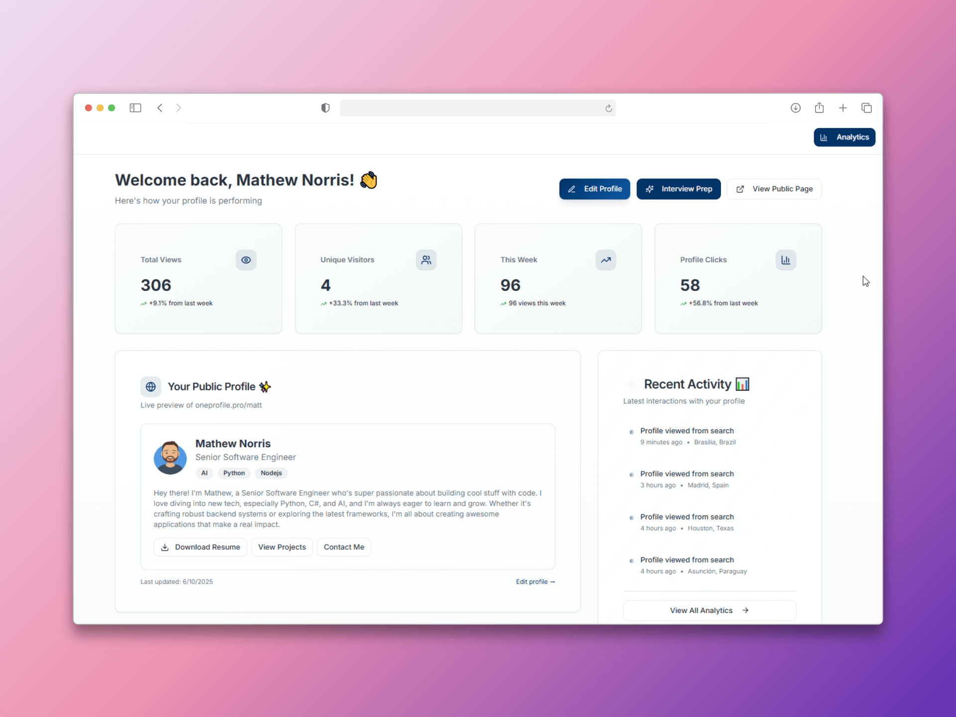 One Profile - Professional One-Page Profiles with Analytics